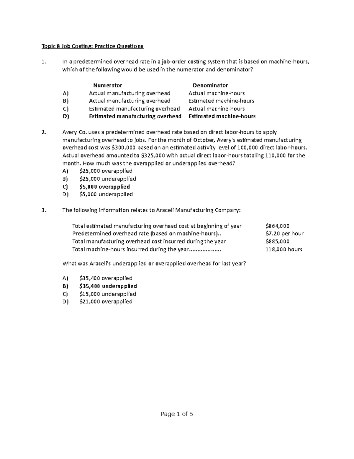 Topic 8 Job Order Costing Practice Questions with Ans - Topic 8 Job ...