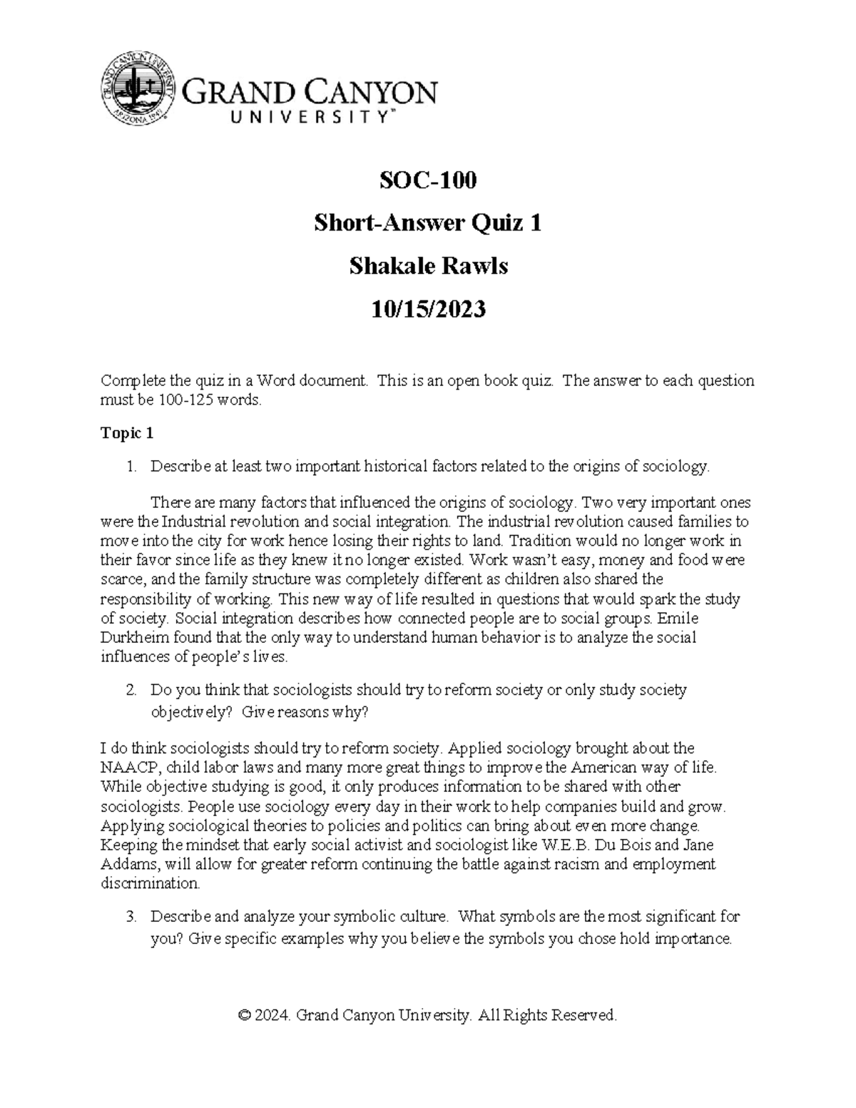 SOC-100.Short-Answer Quiz 1 1-8-18 - SOC- Short-Answer Quiz 1 Shakale ...