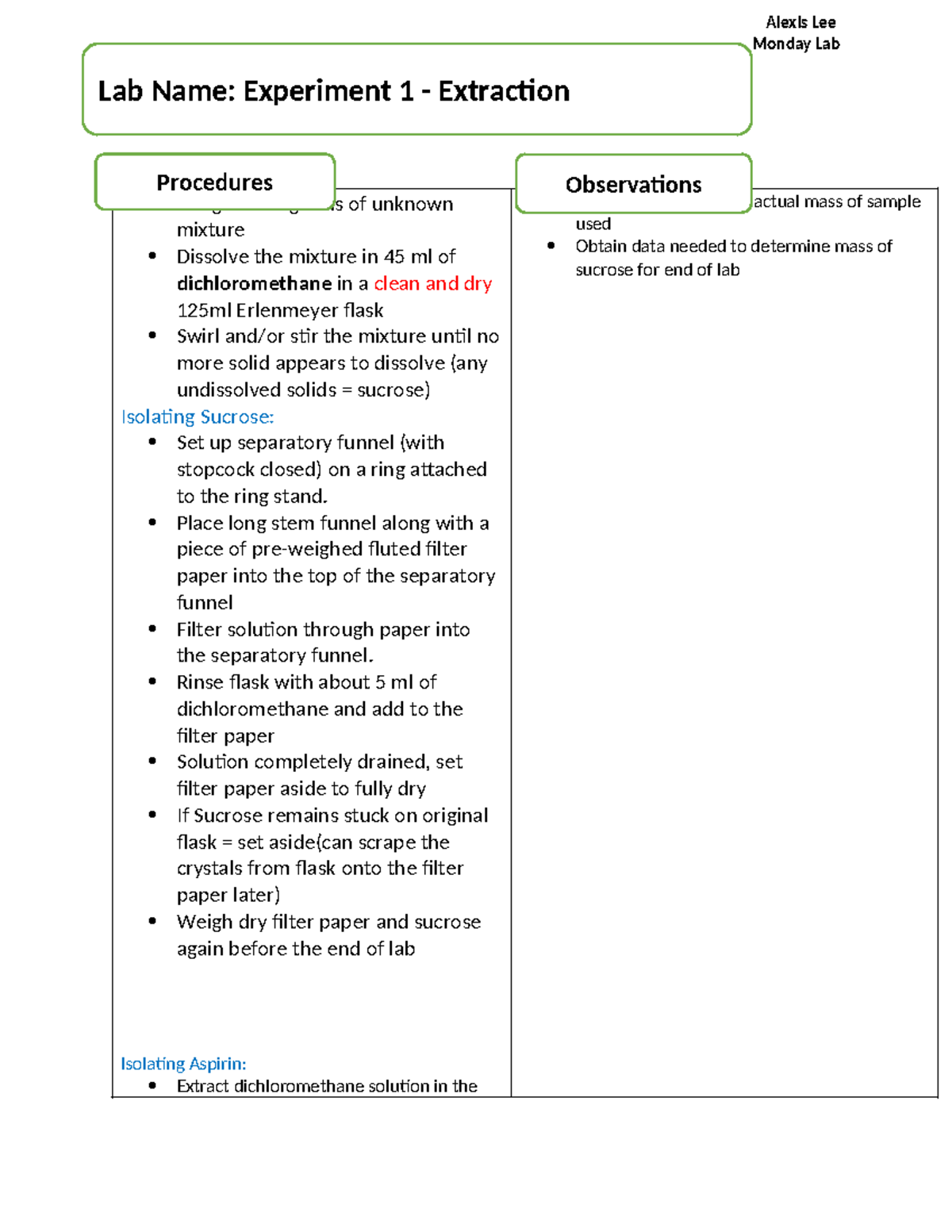 Experiment 1 - Extraction - Alexis Lee Monday Lab Weigh out 3 grams of unknown mixture Dissolve ...