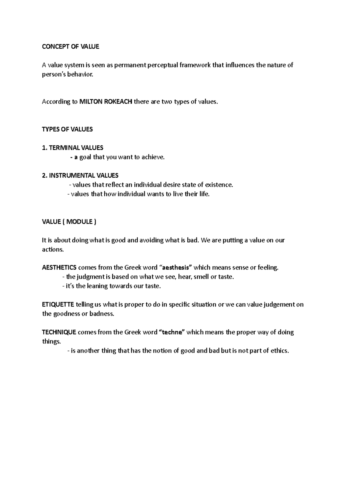 Concept OF Value - education purpose - CONCEPT OF VALUE A value system ...