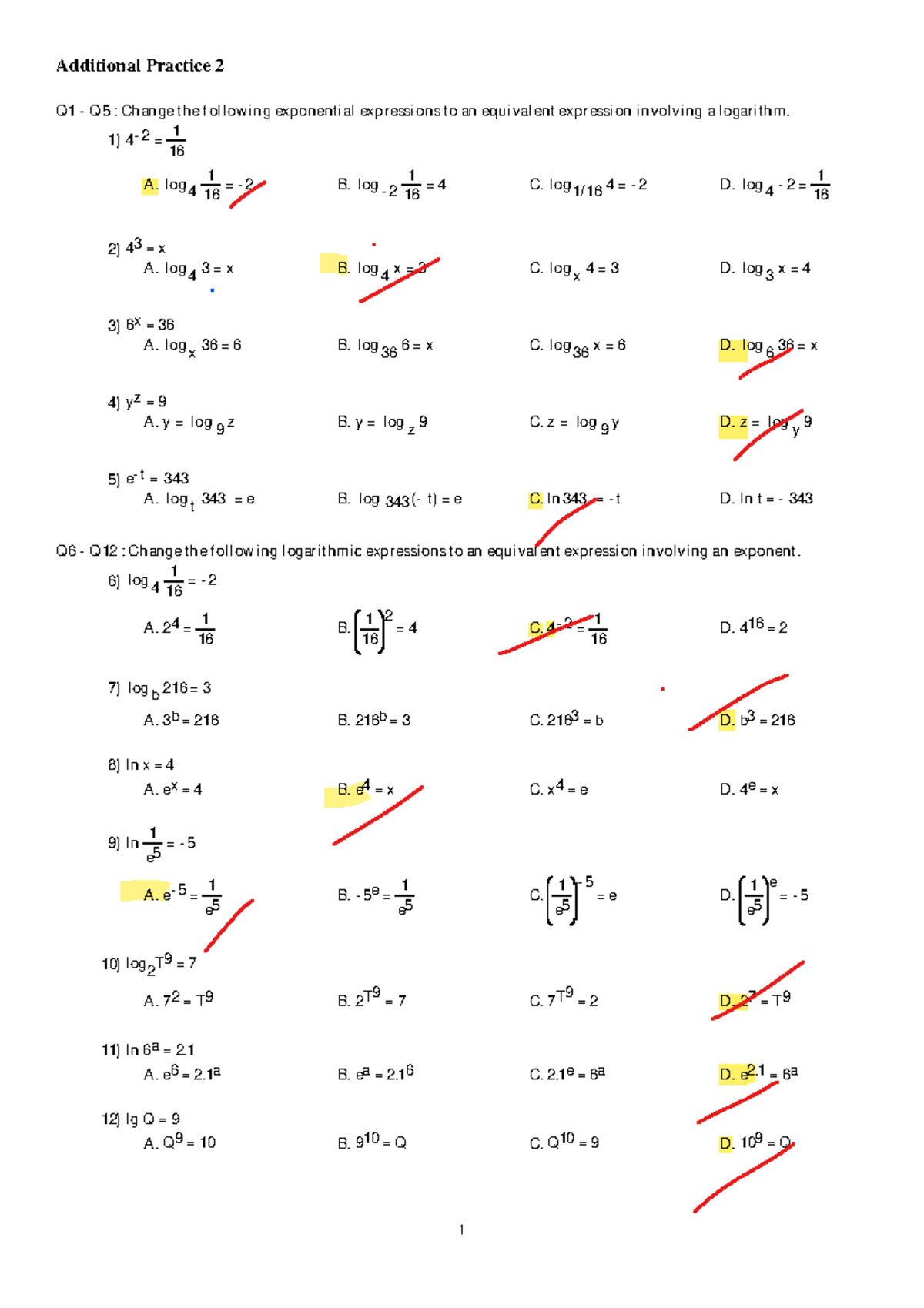 Additional Practice 02 - Q1-Q5 : Change the following exponential expressions to an equivalent ...