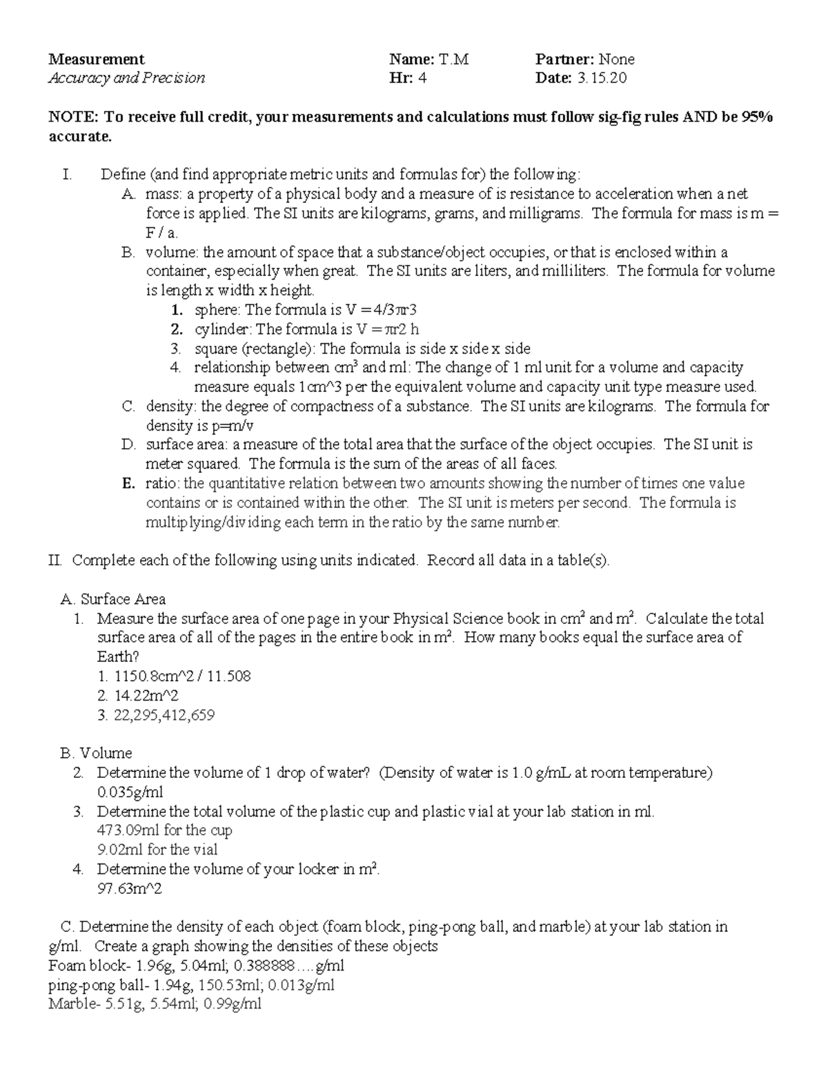 Accuracy & Precision Lab - Measurement Name: T Partner: None Accuracy ...