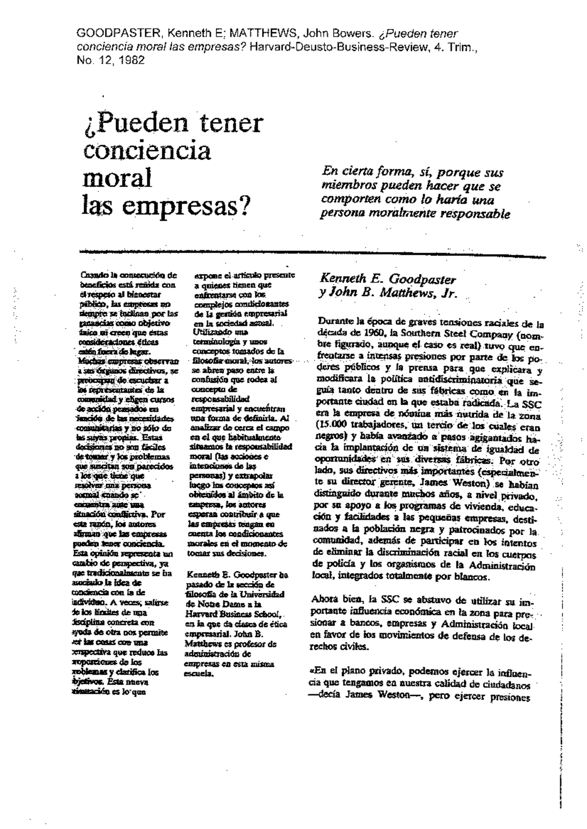 Sesión 2. Lectura Goodpaster Pueden tener conciencia moral las empresas ...