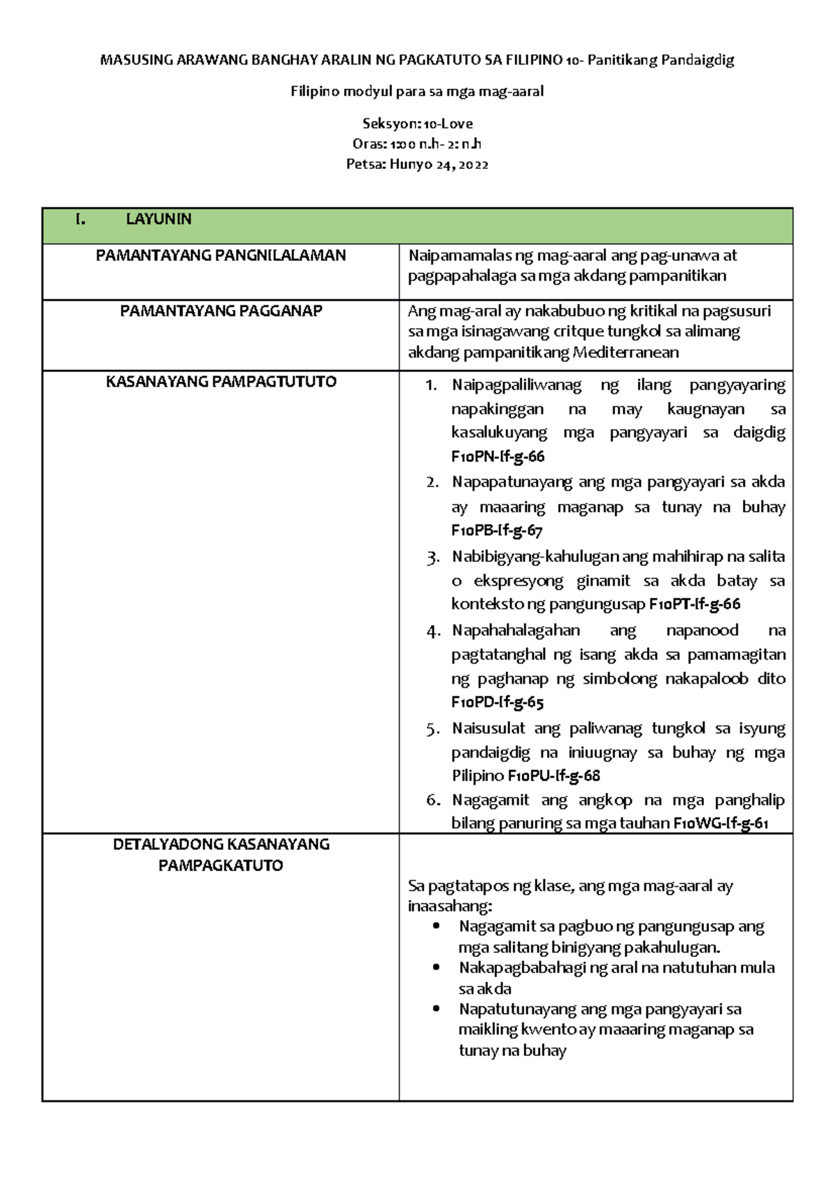 DEMO Teaching LESSON PLAN MASUSING ARAWANG BANGHAY ARALIN NG