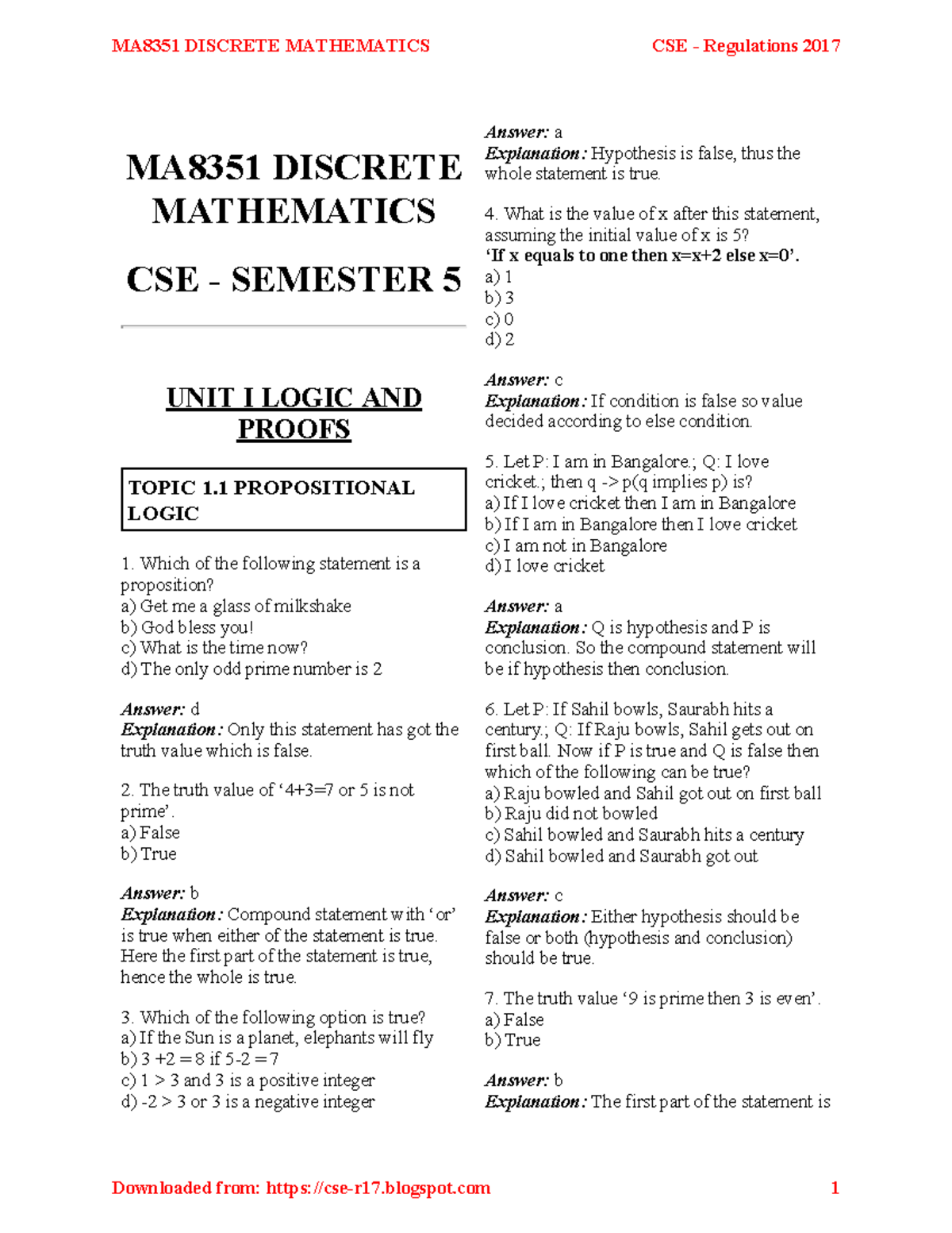 Ma8351 Discrete Mathematics Mcq Ma8351 Discrete Mathematics Cse Semester 5 Unit I Logic And 0131