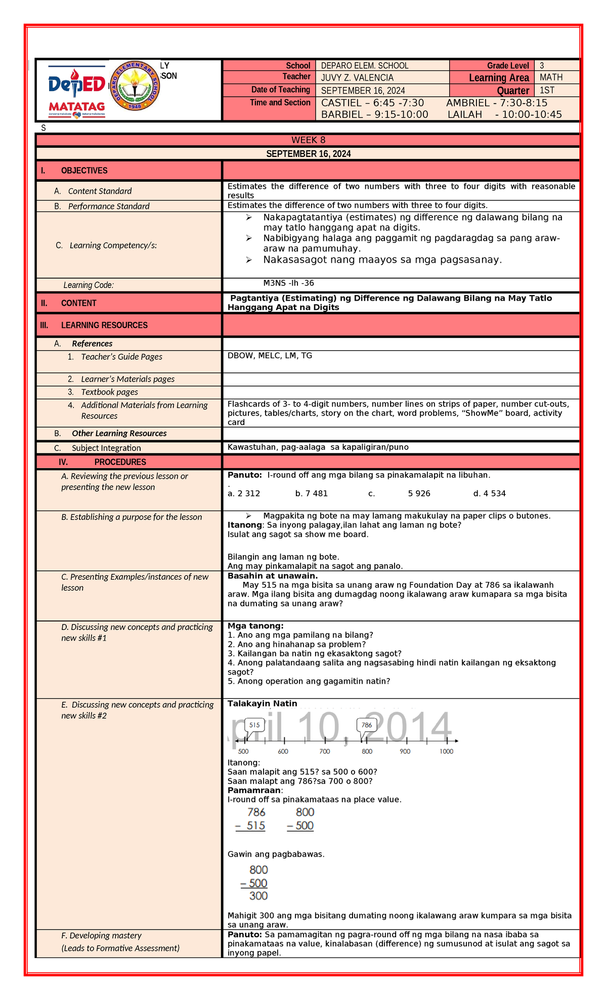 MATH 3 Q1 WEEK 8- DAY 1 Estimating difference 2-3 digit ok - DAILY ...