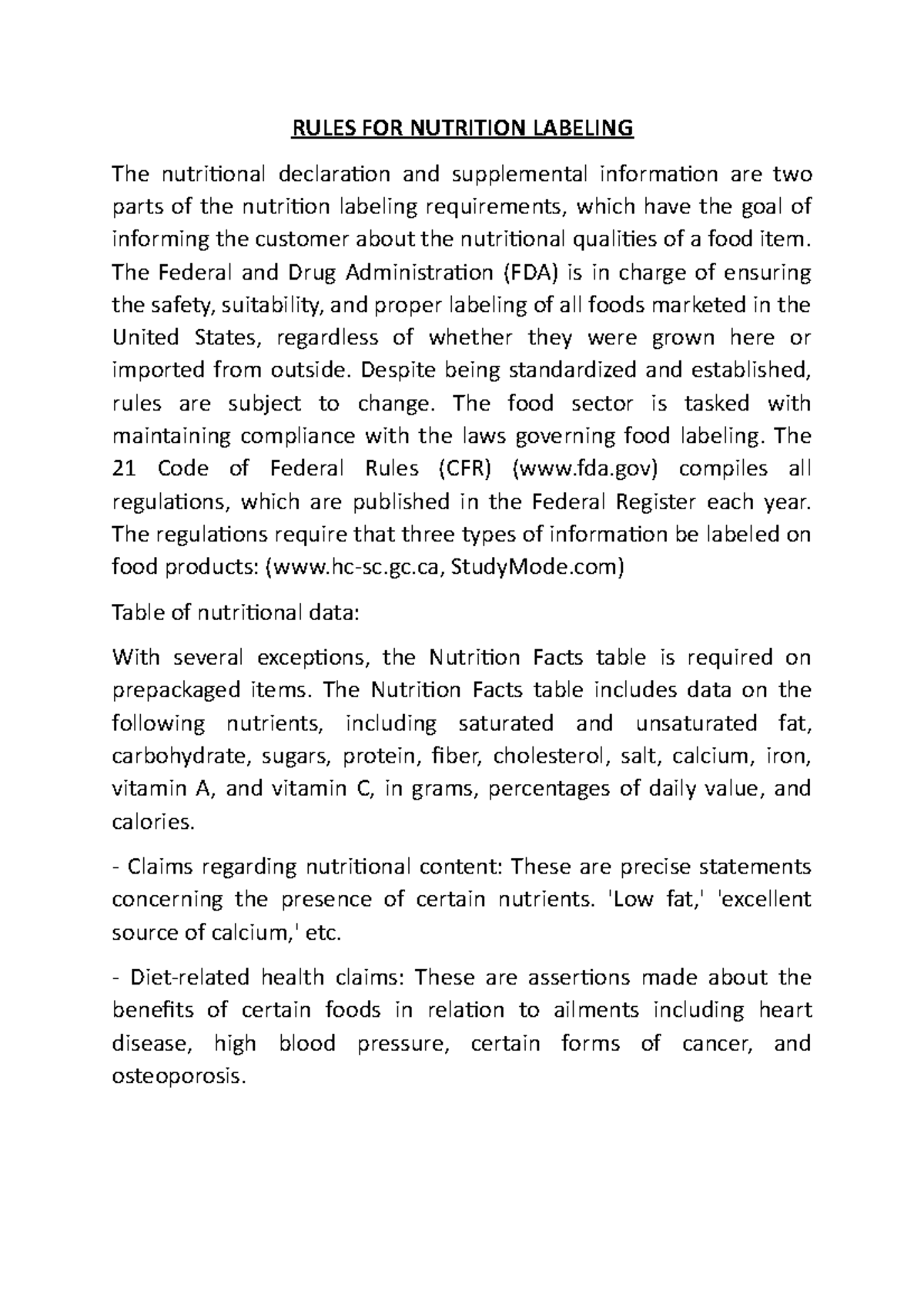 Nutrition Labelling Regulations - RULES FOR NUTRITION LABELING The ...