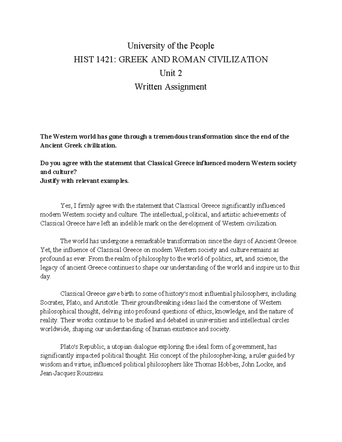 Unit 2 - Unit 2 - University of the People HIST 1421: GREEK AND ROMAN ...