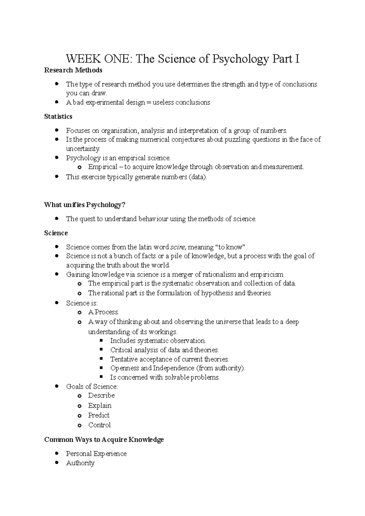 PSYC1040 Week 1 - Week 1 notes - WEEK ONE: The Science of Psychology ...