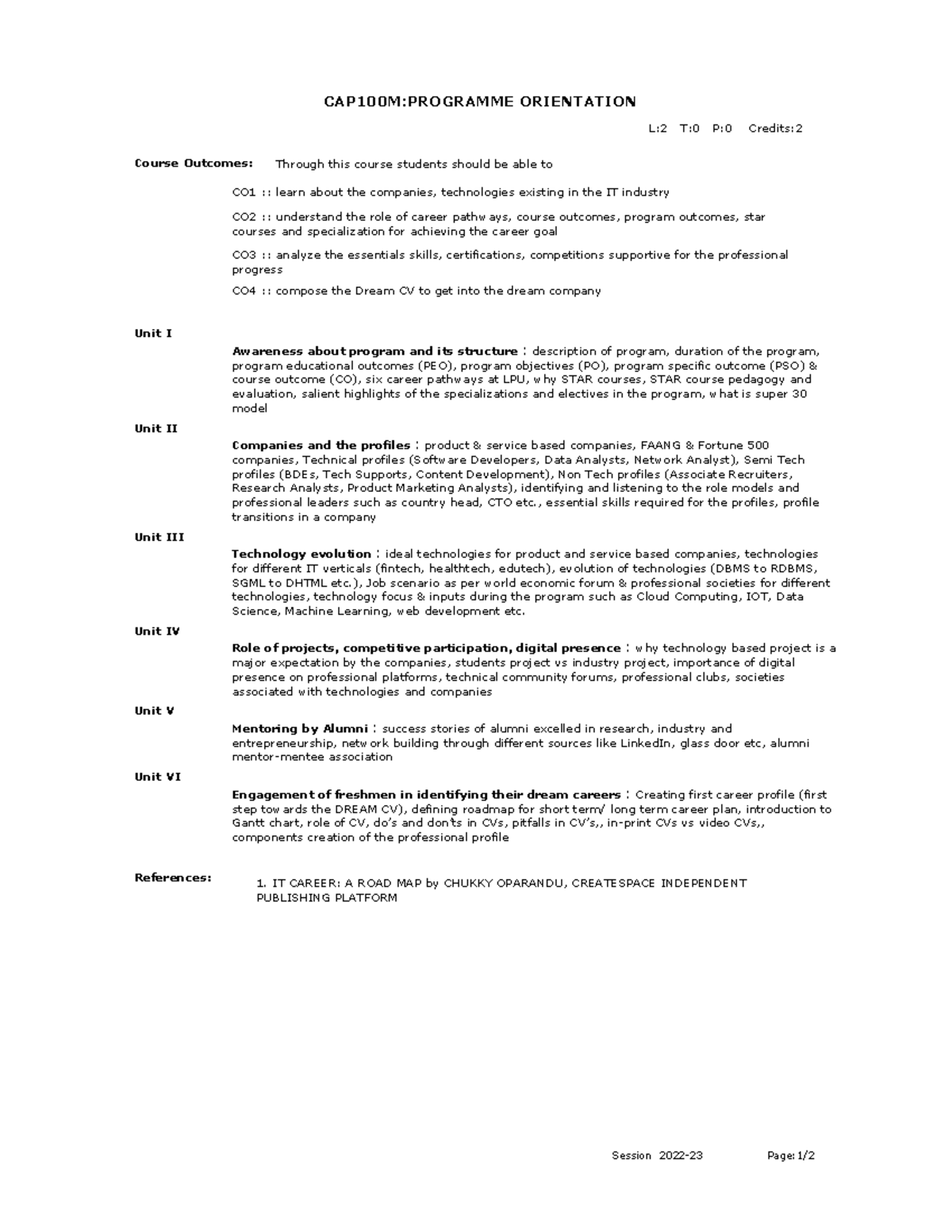MCA Sem1 SyllabuS - CAP100M:PROGRAMME ORIENTATION Course Outcomes: CO1 ...