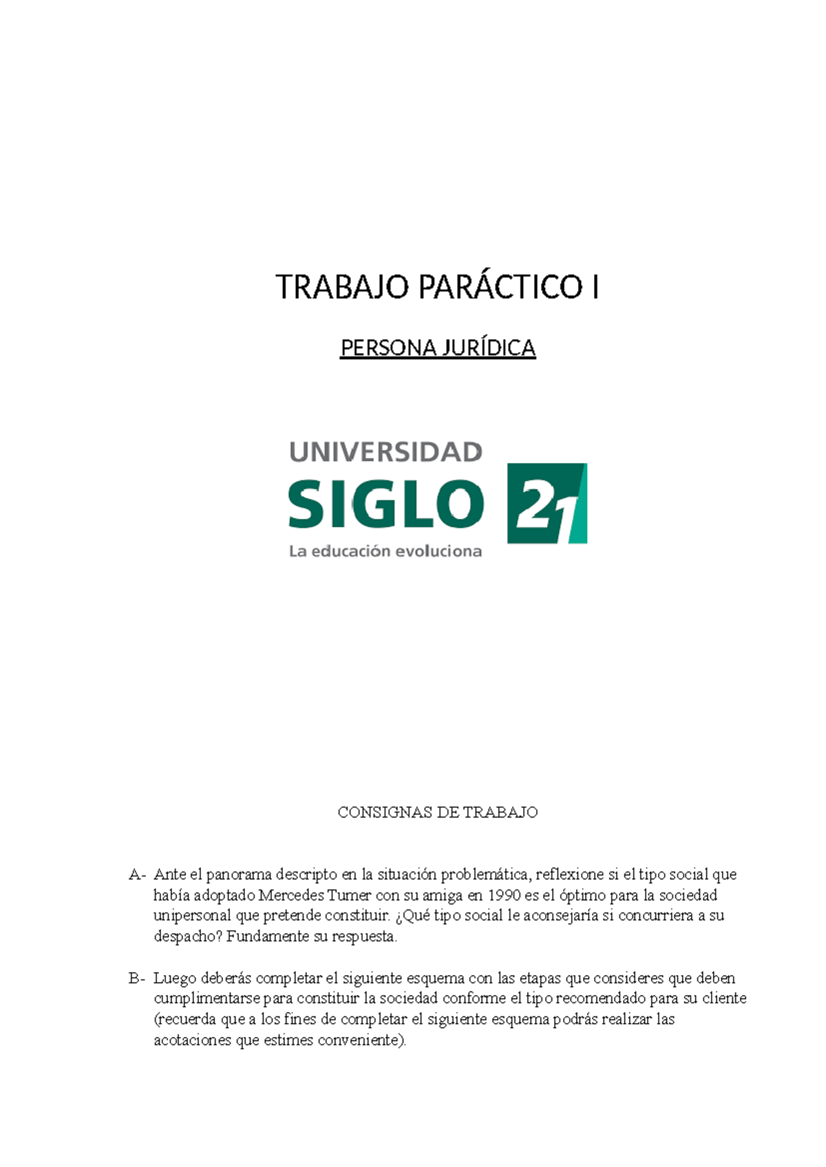 1er TP Persona Juridica - TRABAJO PARÁCTICO I PERSONA JURÍDICA CONSIGNAS DE TRABAJO A- Ante el ...