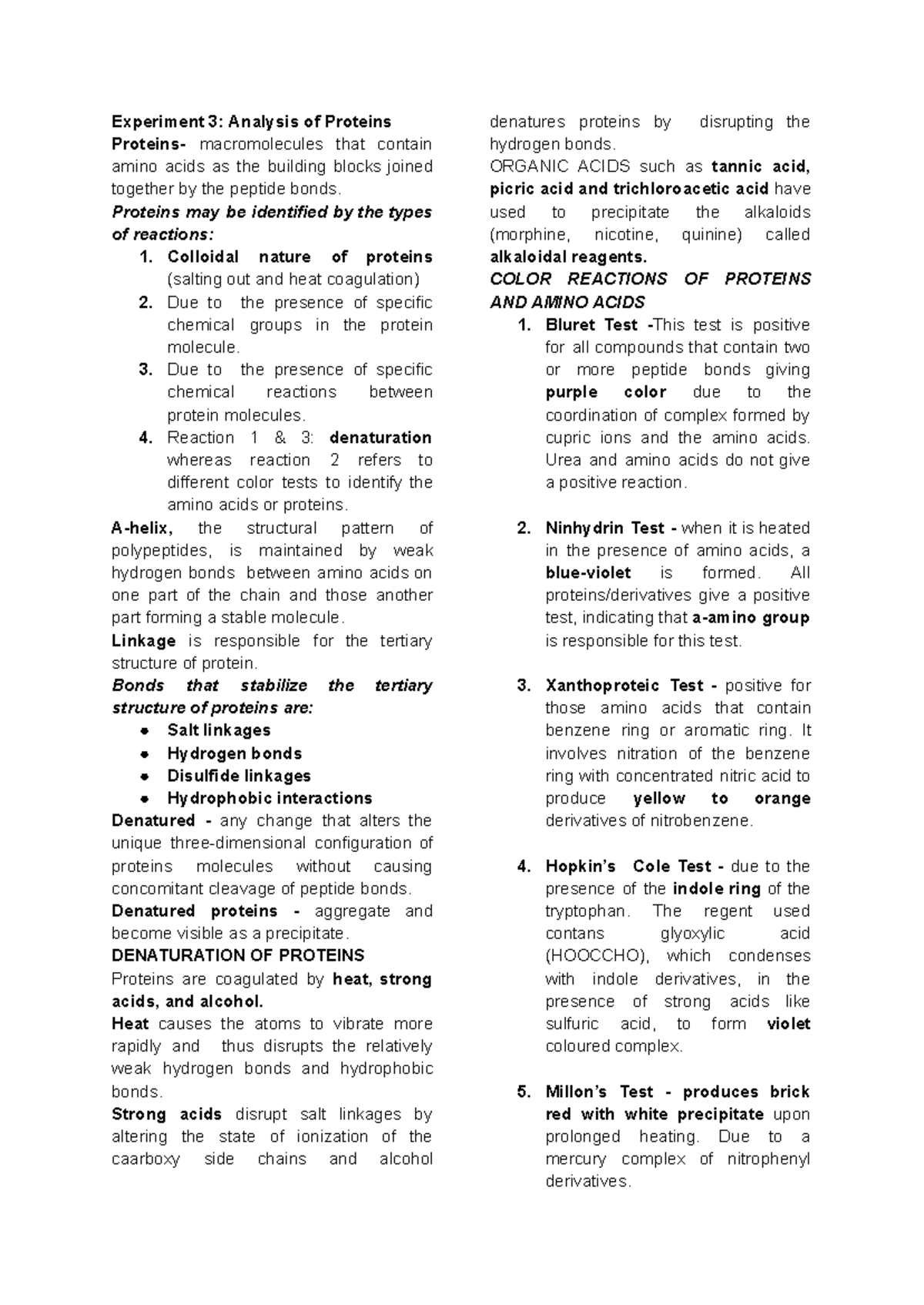 Proteins-lab - Notes - Experiment 3: Analysis of Proteins Proteins ...