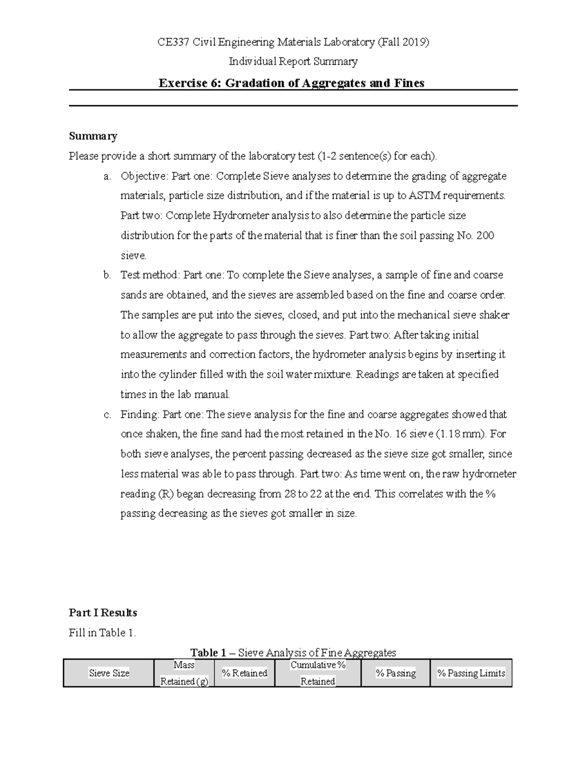 Lab 6 : Graduation of Aggregates and Fines - Individual Report Summary ...