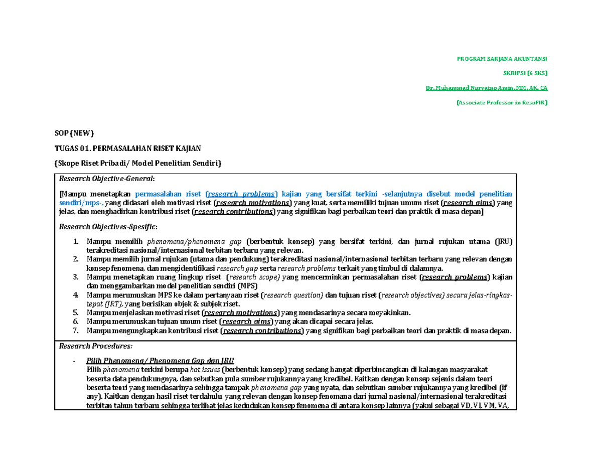 A10. Tugas 01. Permslhan Riset Kajian (SOP) - PROGRAM SARJANA AKUNTANSI SKRIPSI (6 SKS) Dr ...