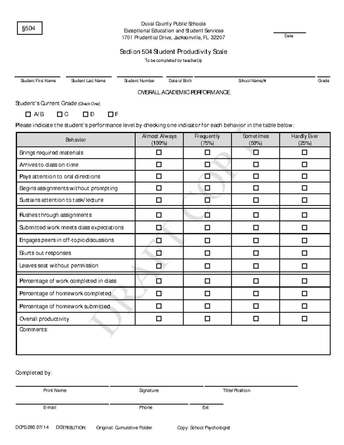 Student Productivity Scale - 080/14 DISTRIBUTION: Original: Cumulative ...