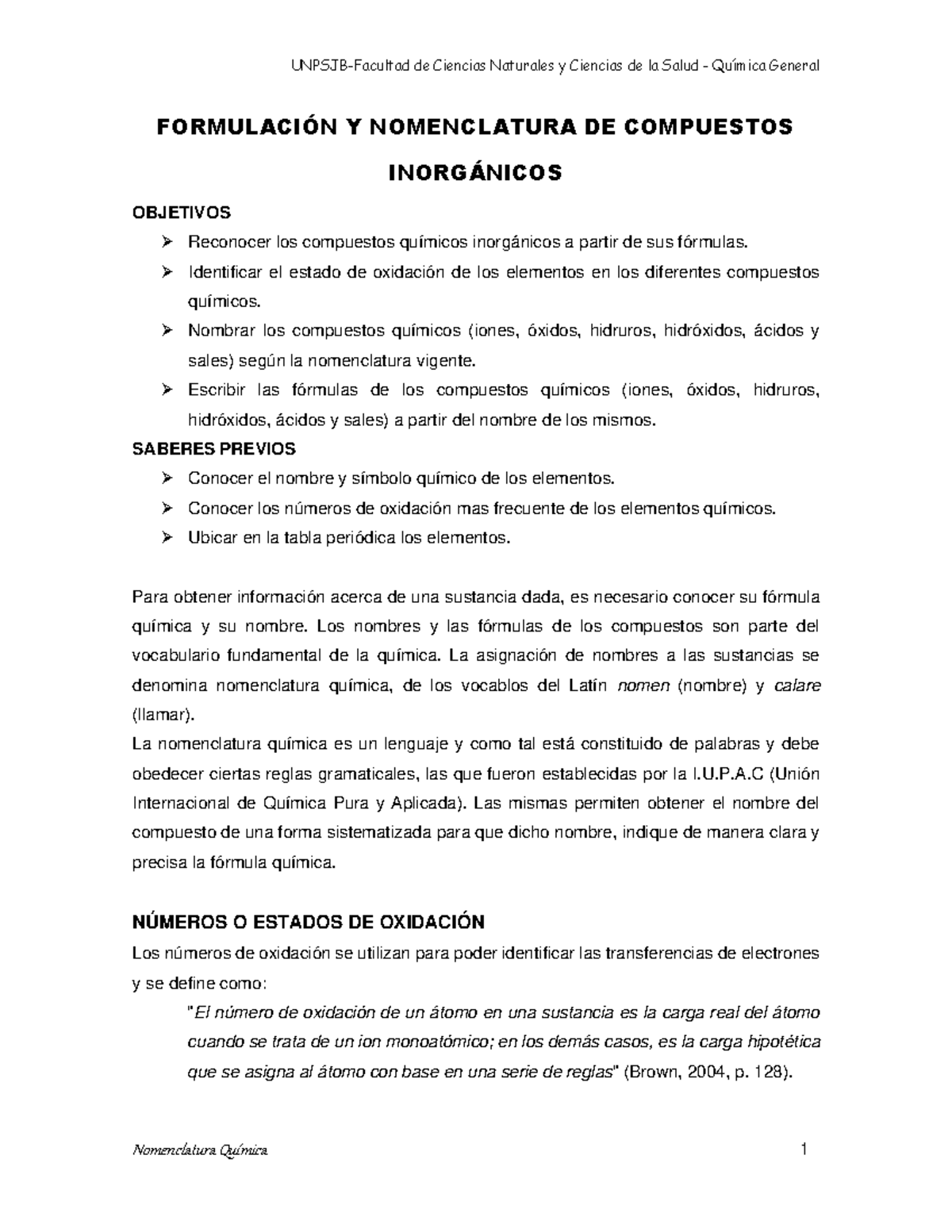 1 2021-Introduccion teórica-Nomenclatura - FORMULACI”N Y NOMENCLATURA DE COMPUESTOS INORG¡NICOS ...