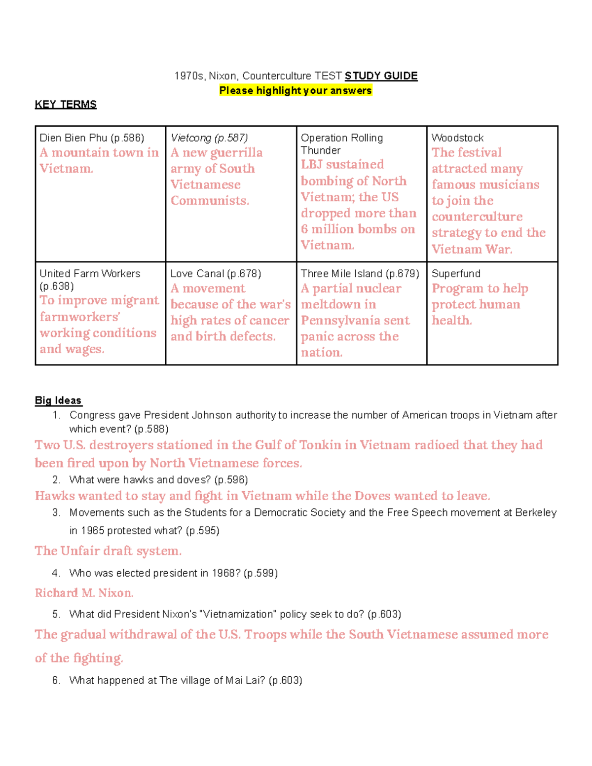 Copy of 1970s, Nixon, Counterculture TEST Study Guide - 1970s, Nixon ...
