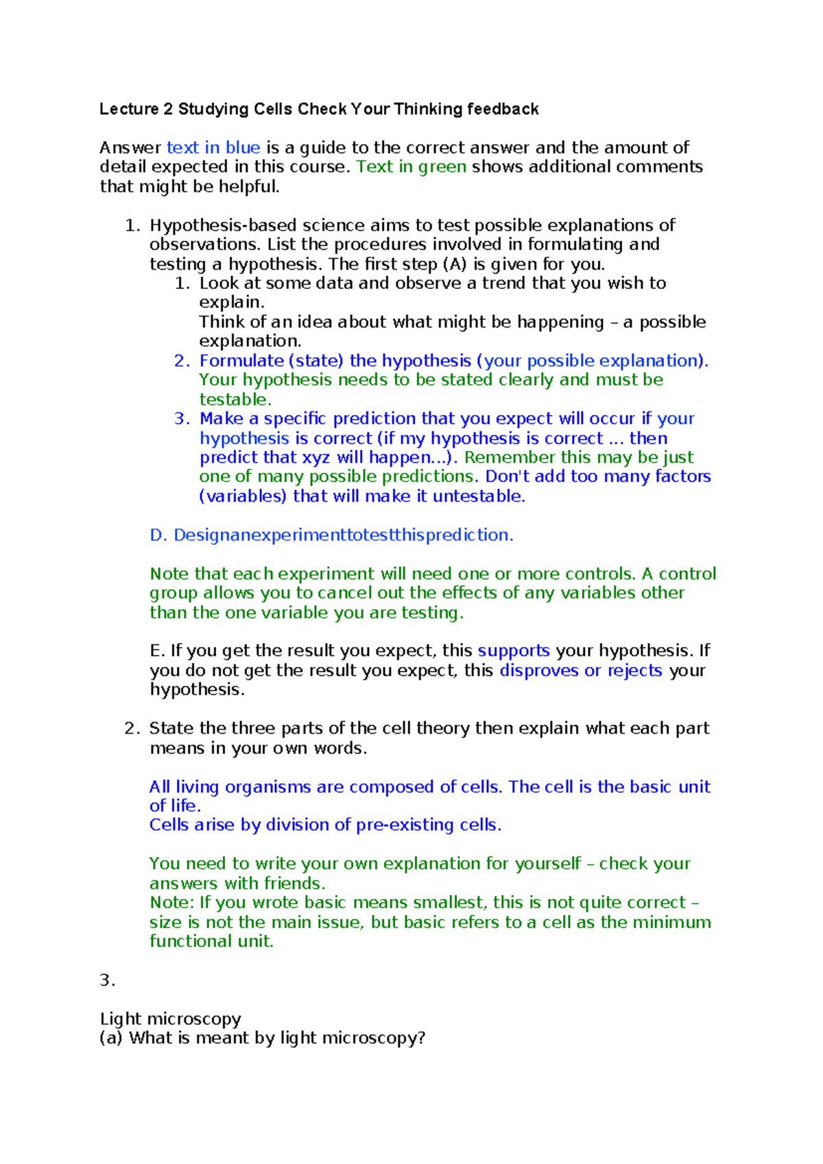 Lecture 2 Studying Cells Check Your Thinking feedback - Text in green ...
