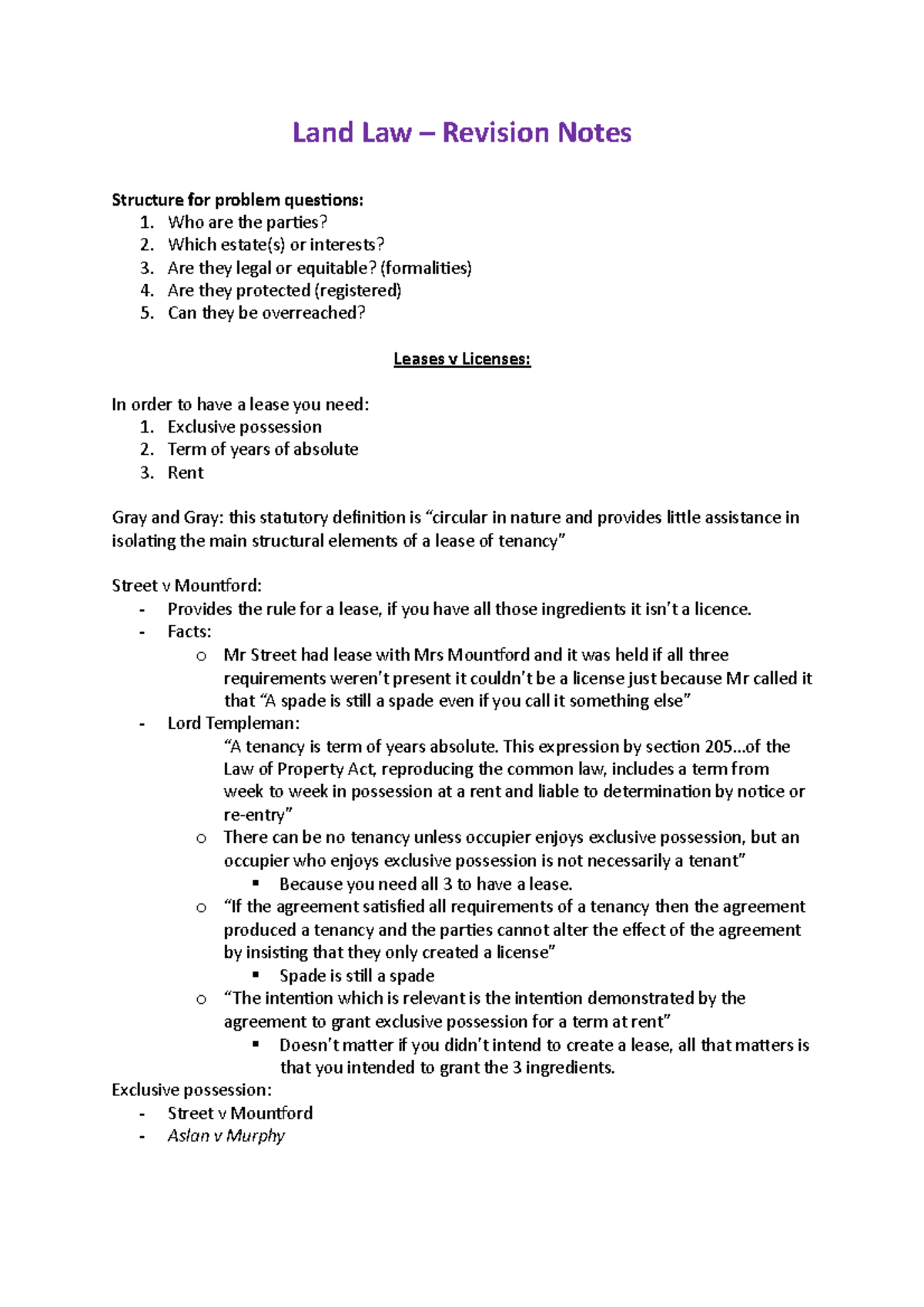 Land Law - Land notes all up to registered land - Land Law – Revision ...