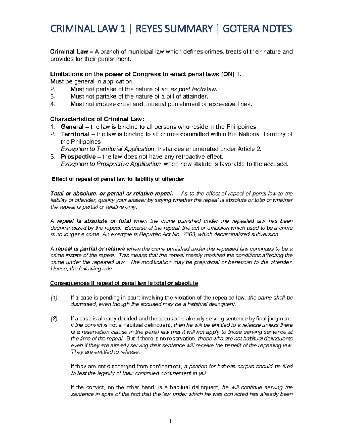 CRIMINAL LAW 1 BOOK 1 2024 | REYES SUMMARY - Criminal Law – A branch of ...