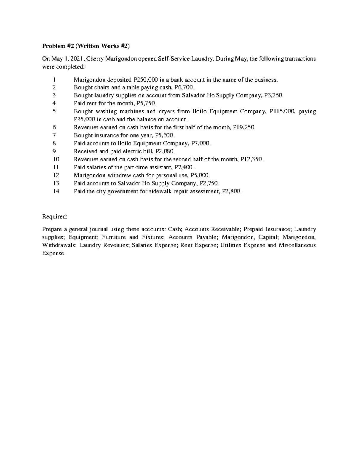 Problem number 2 example in accounting for general journal - Problem #2 ...