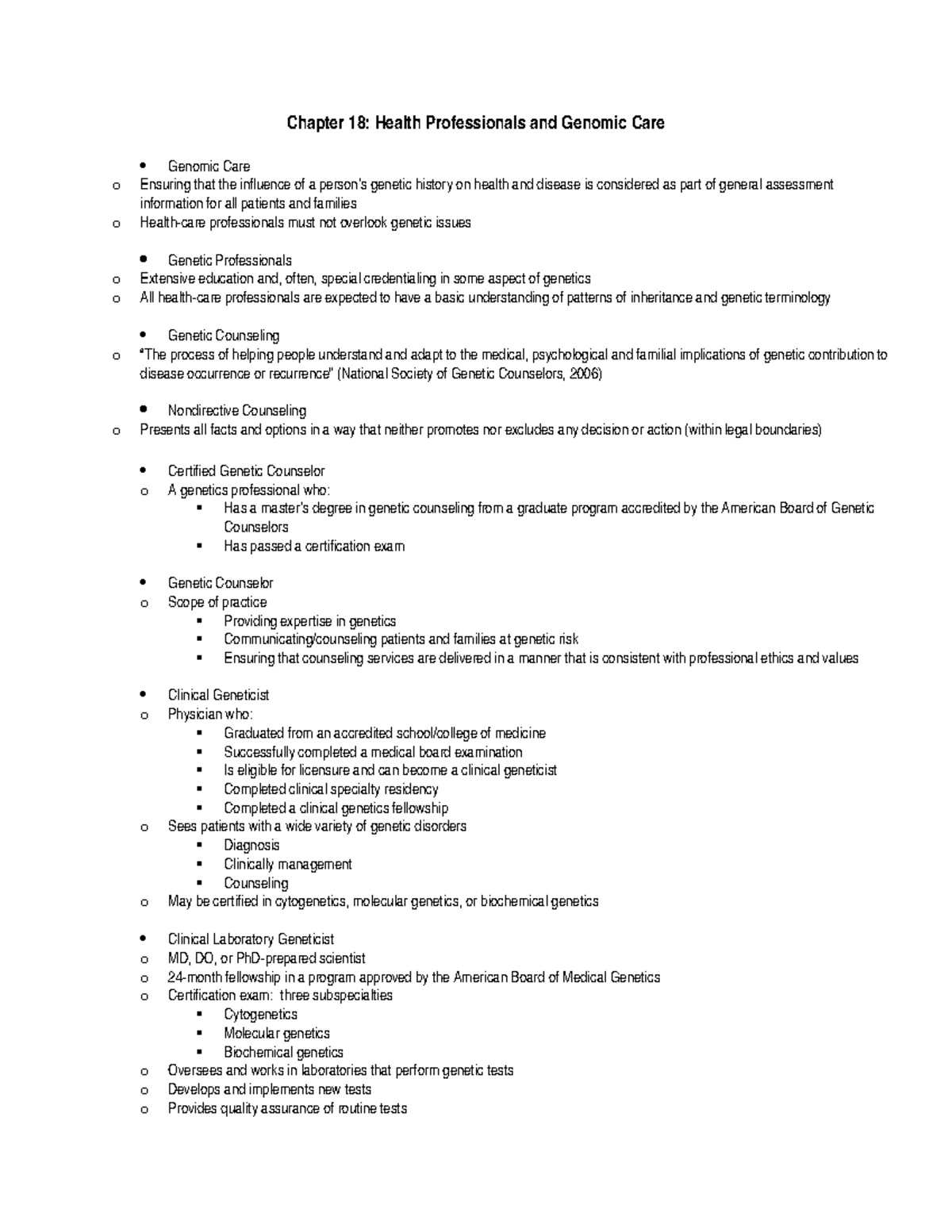 Genetics Outline - Chapter 18: Health Professionals and Genomic Care ...
