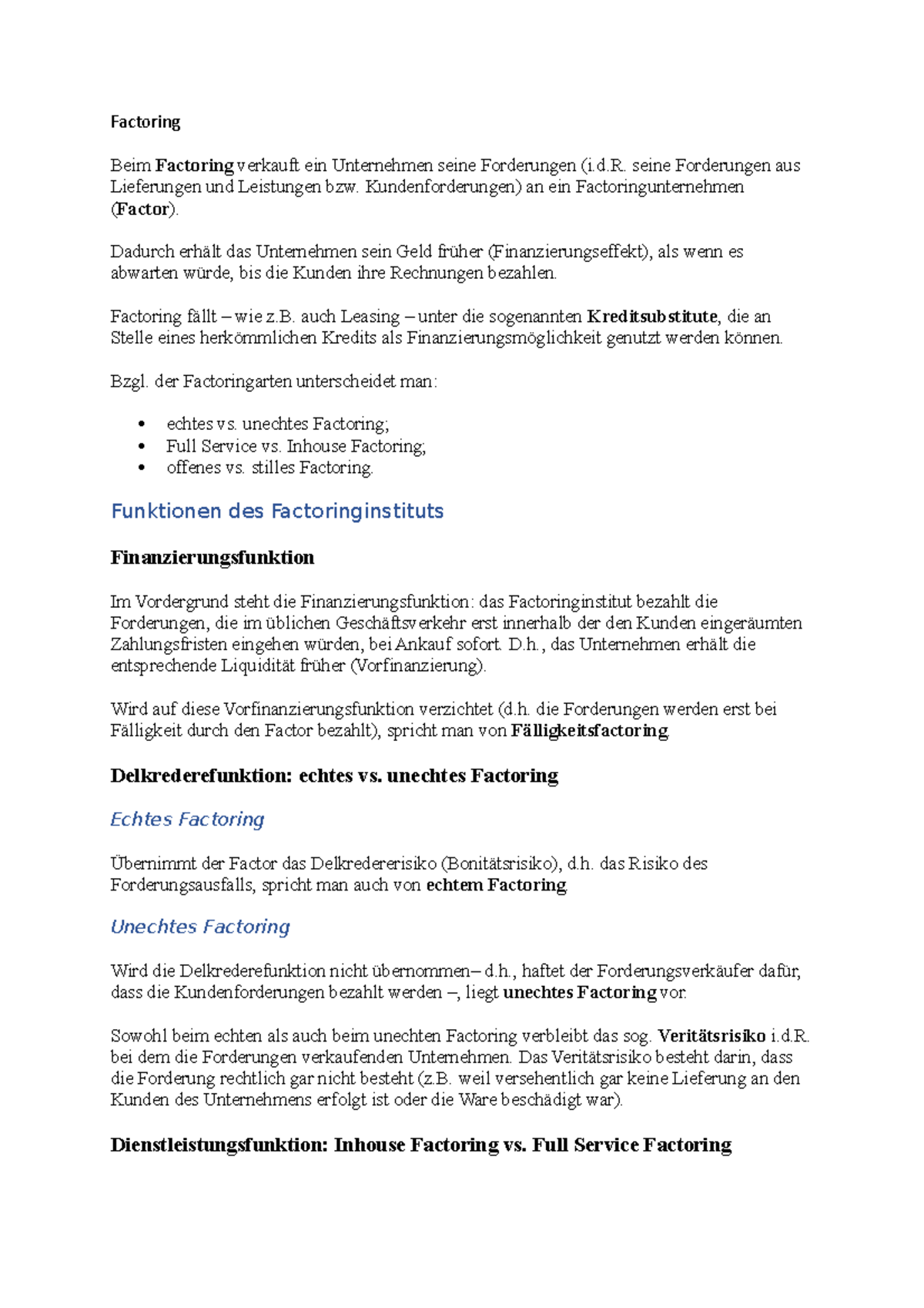 Factoring und Leasing - Factoring Beim Factoring verkauft ein ...