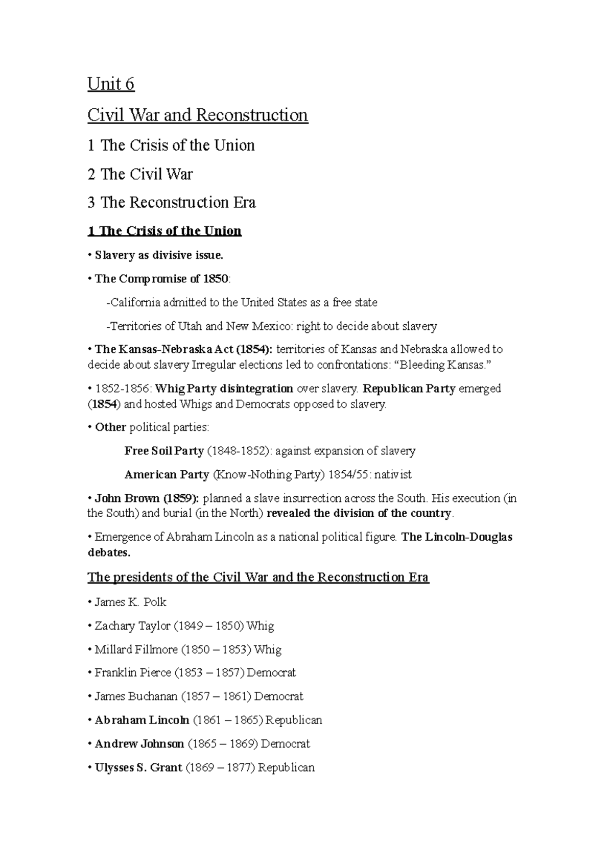 Notes 6-9 - Apuntes unidades 6, 7, 8 y 9 - Unit 6 Civil War and ...