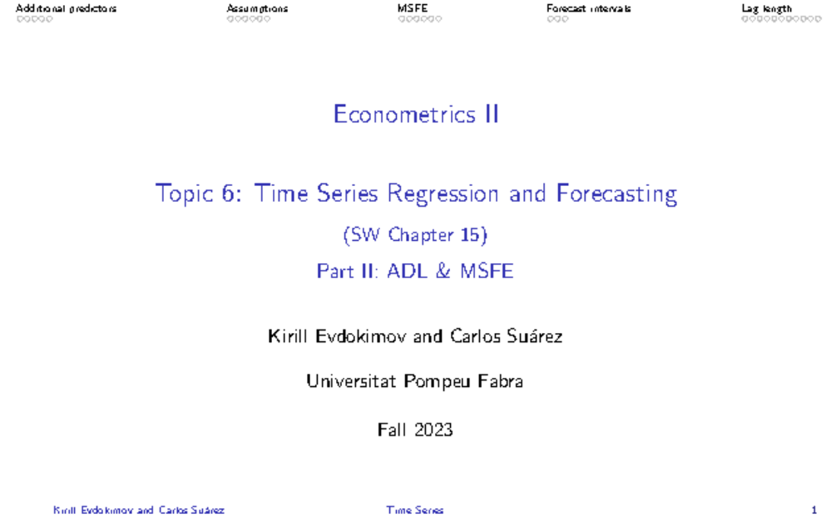 Times Series 2 - Econometrics II Topic 6: Time Series Regression and ...