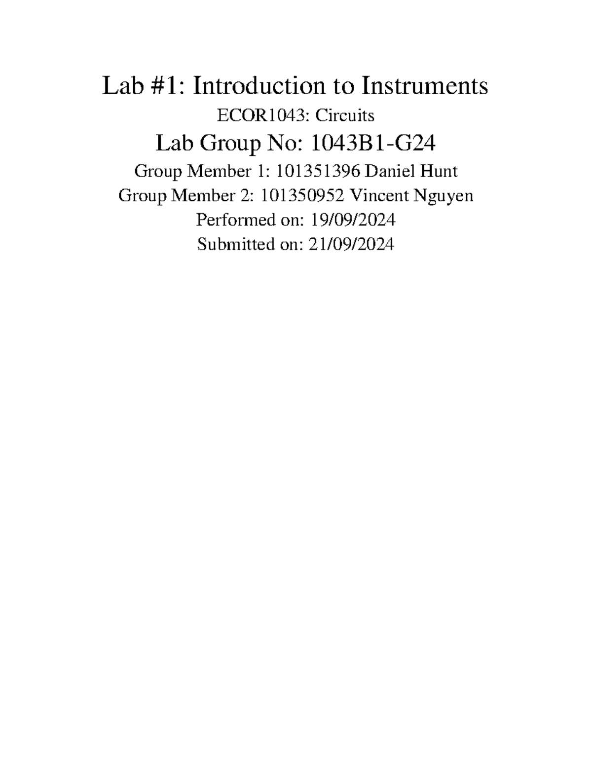 Circuits Lab 1 Report Lab 1 Introduction To Instruments Ecor1043 Circuits Lab Group No