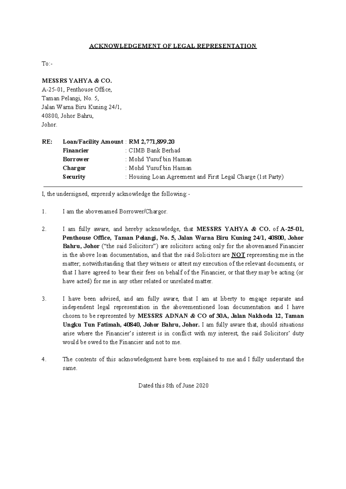 1. Acknowledgement of Legal Representation ( Final) - ACKNOWLEDGEMENT ...