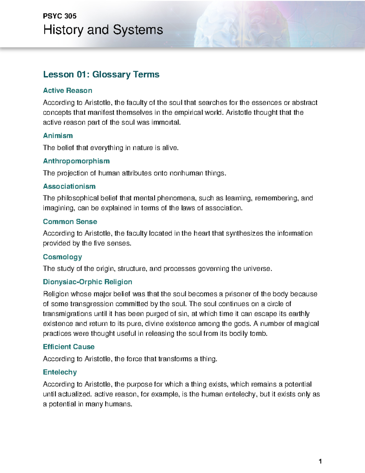 PSYC305 Lesson 01 Glossary - History and Systems Lesson 01: Glossary Terms Active Reason ...