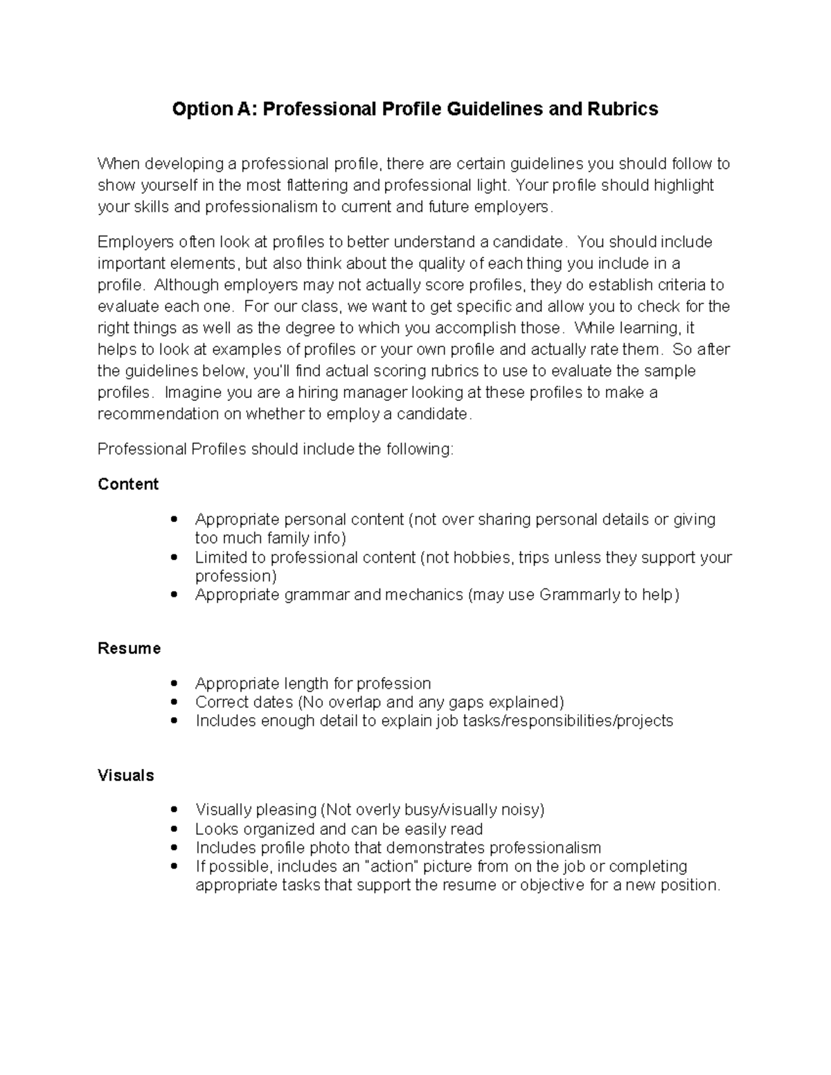 USW1 HMNT 1001 Week05 Professional Profile Guidelinesand Rubric Option ...