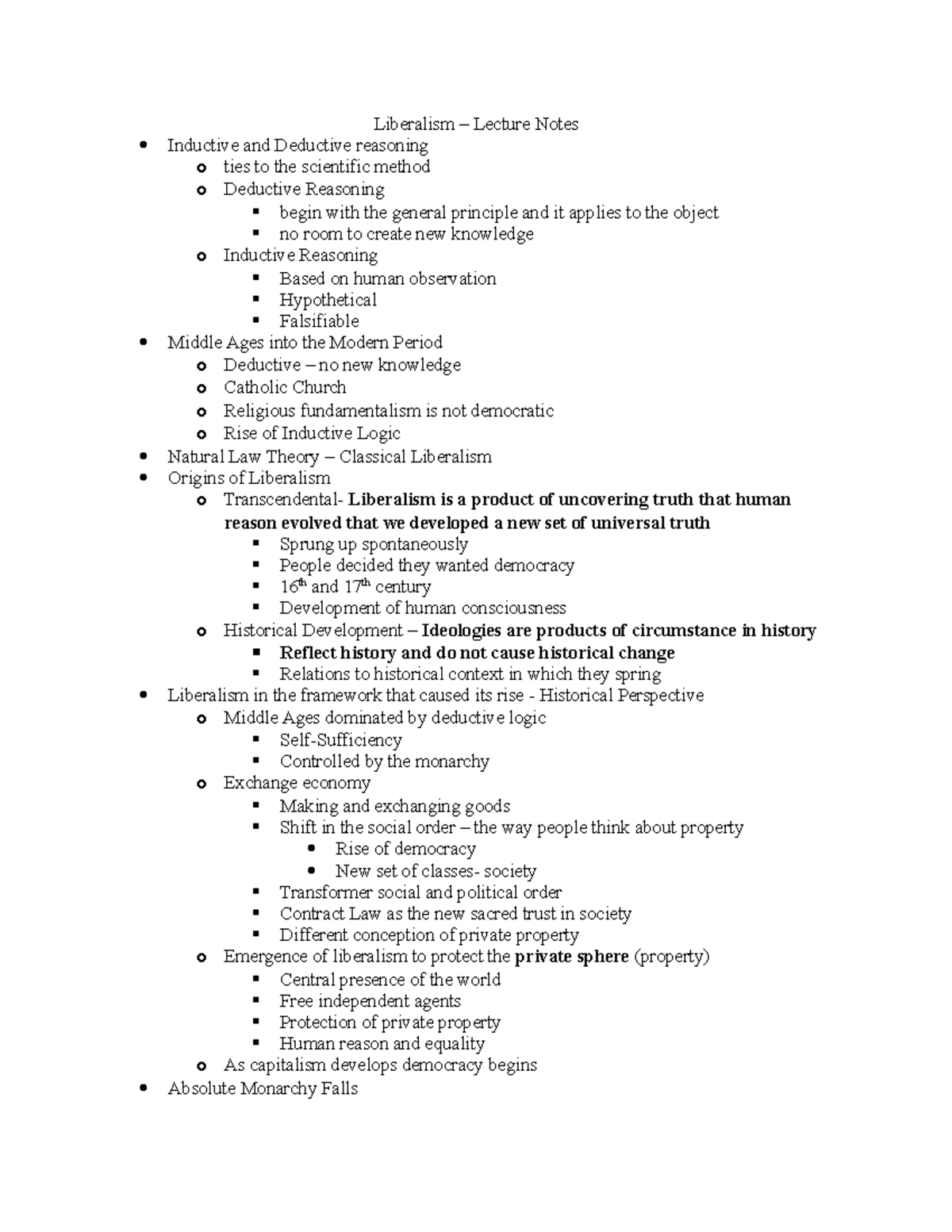 Liberalism - Textbook notes - Liberalism – Lecture Notes Inductive and ...