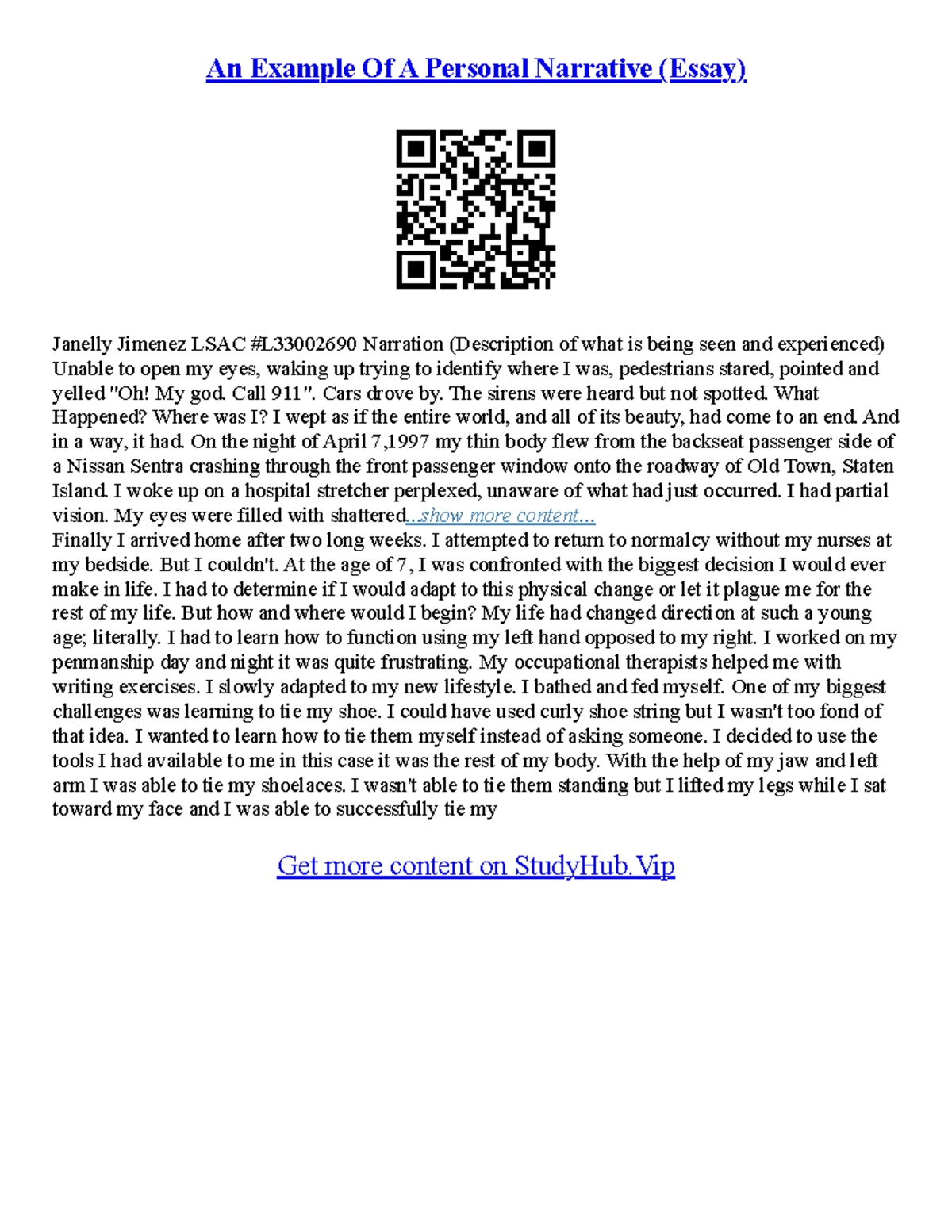 Sample Personal Narrative Essay - An Example Of A Personal Narrative ...