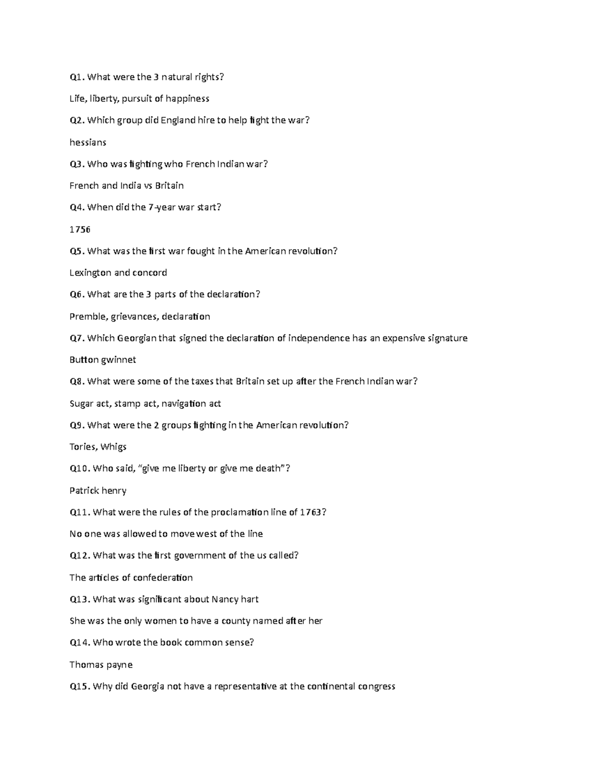 American revolution test questions - Q1. What were the 3 natural rights ...