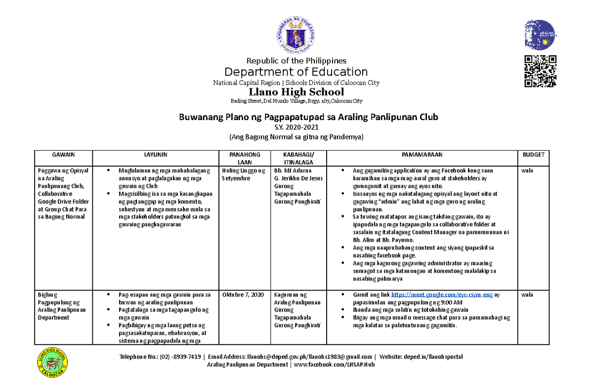 Plan. AP Club Action Plan 2020-2021 - Telephone No.: (02) -8939-7419 ...