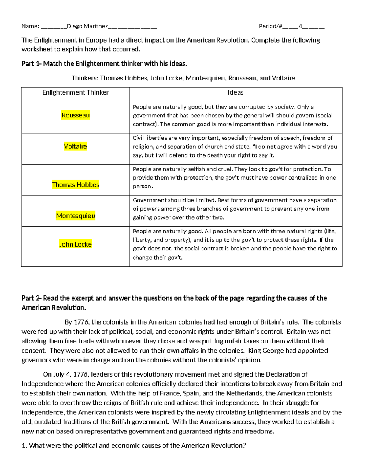 Enlightenment and Am Rev Wksht - Name: Diego Martinez_______ Period/#4 ...