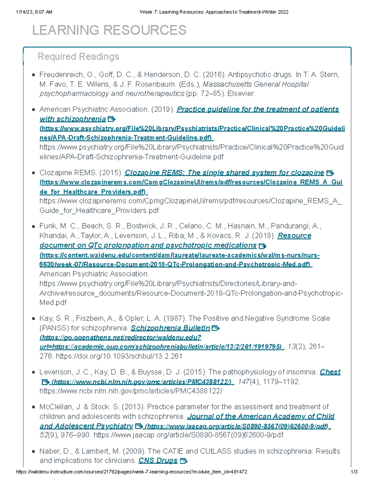 Week 7 Learning Resources Approaches to Treatment-Winter 2022 - 1/14/23 ...