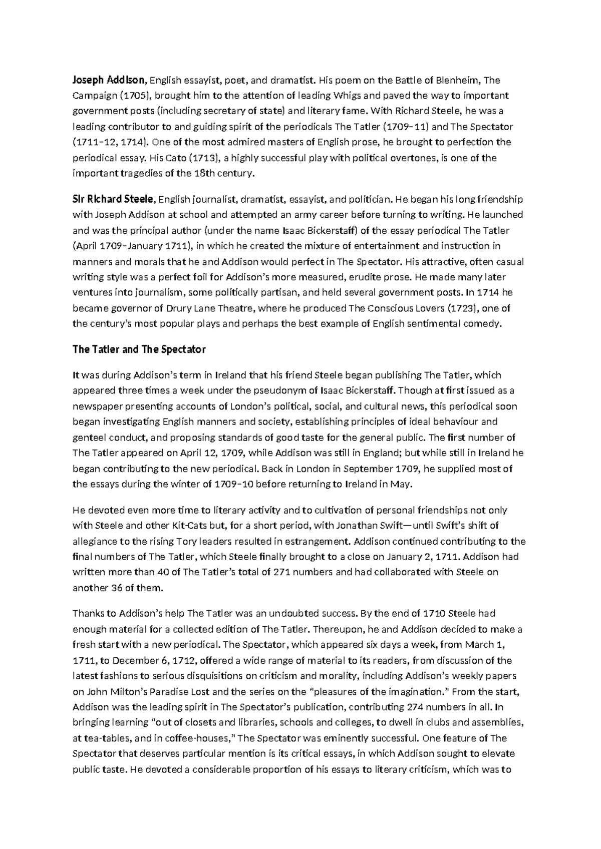 Addison & Steele - Notes - Joseph Addison, English essayist, poet, and ...