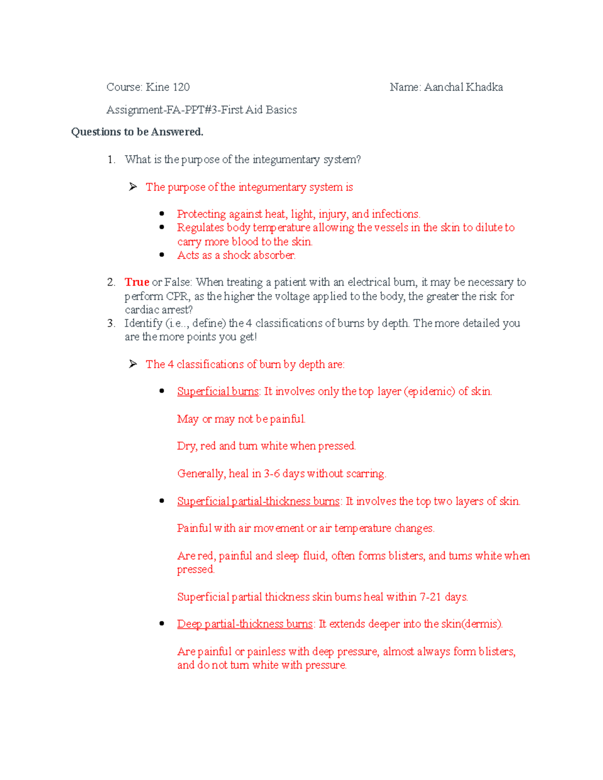 First Aid basis - Some tables - Course: Kine 120 Name: Aanchal Khadka ...