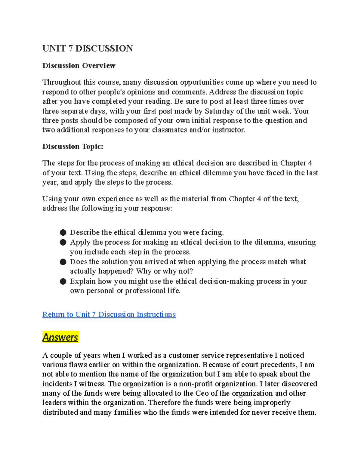 MT140 UNIT 7 Discussion - UNIT 7 DISCUSSION Discussion Overview Throughout this course, many ...