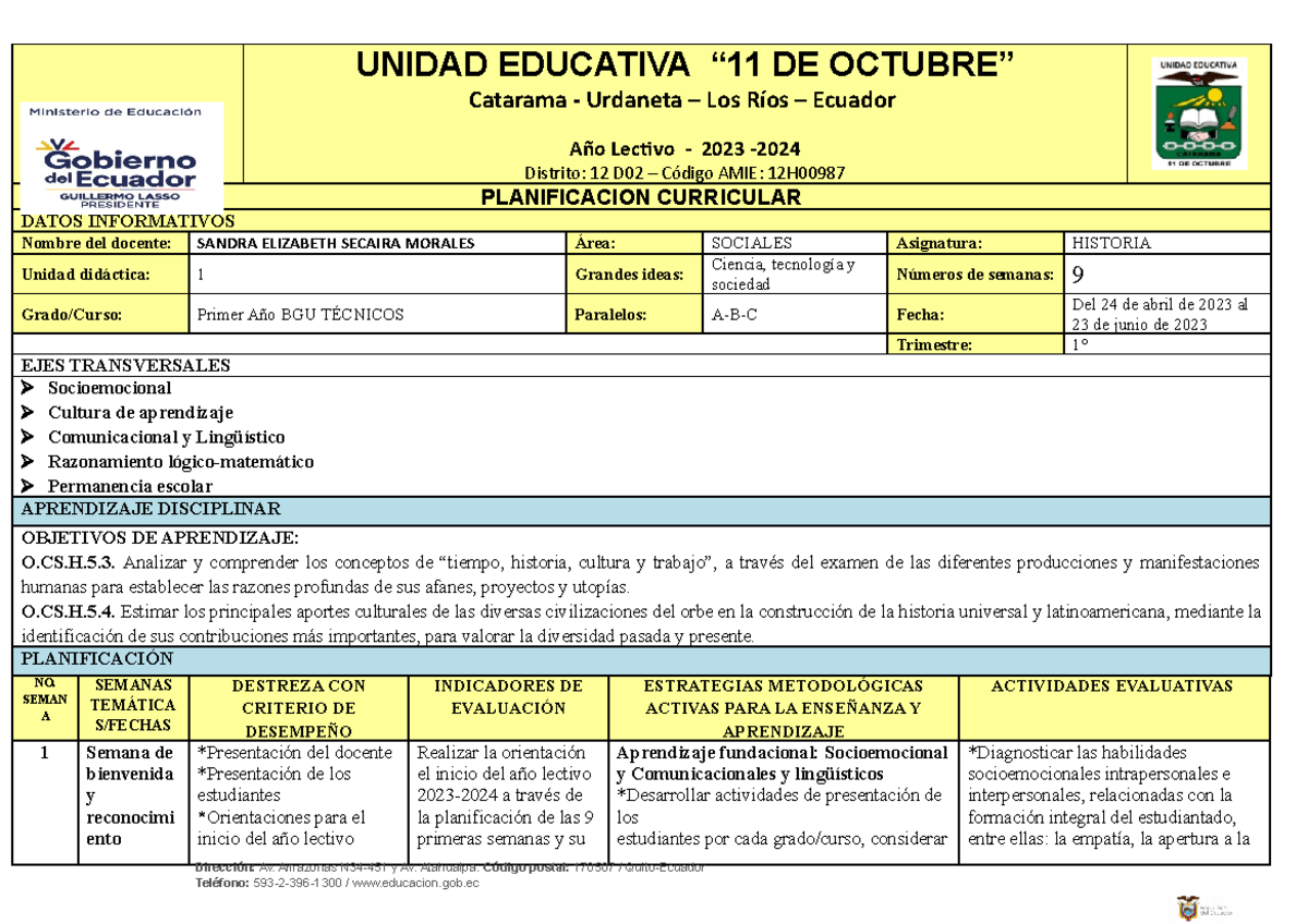 Historia primero bachillerato 9 semanas - UNIDAD EDUCATIVA “11 DE ...
