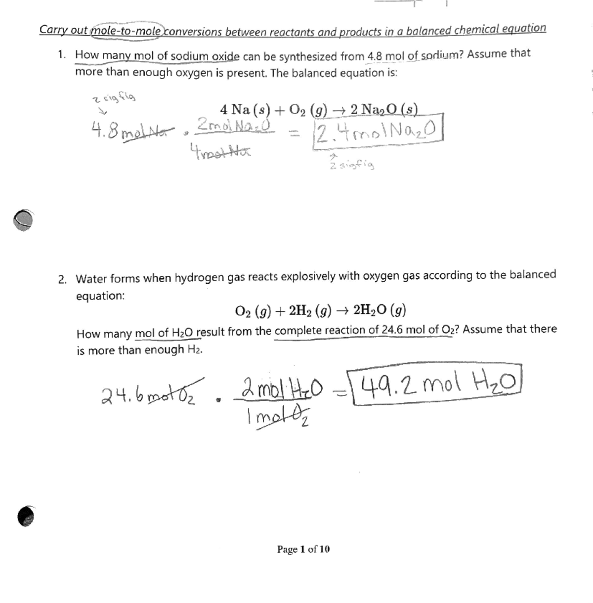Chapter 8 - problems on mole to mole, limiting reactant and theoretical ...