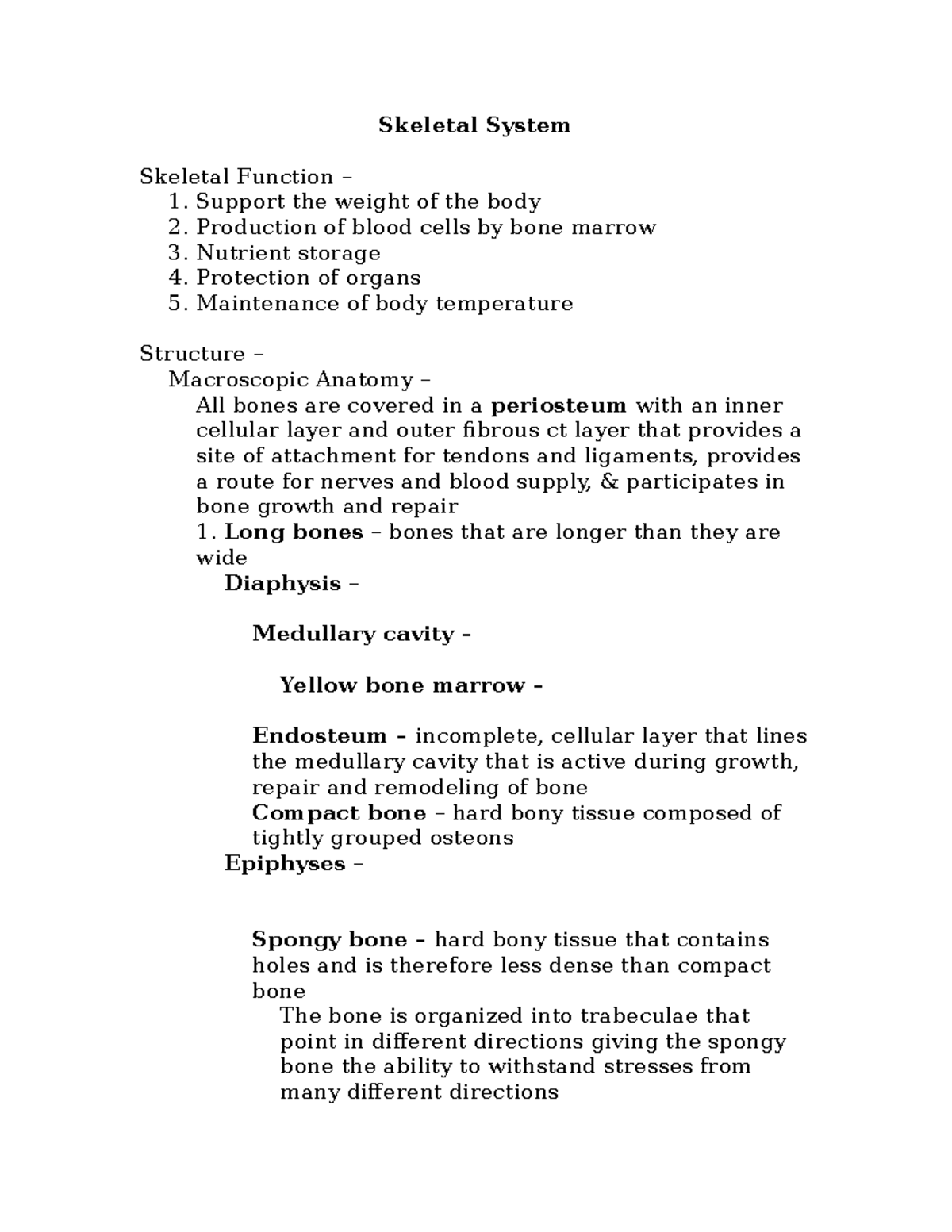 Skeletal System - Notes - Skeletal System Skeletal Function – 1 ...