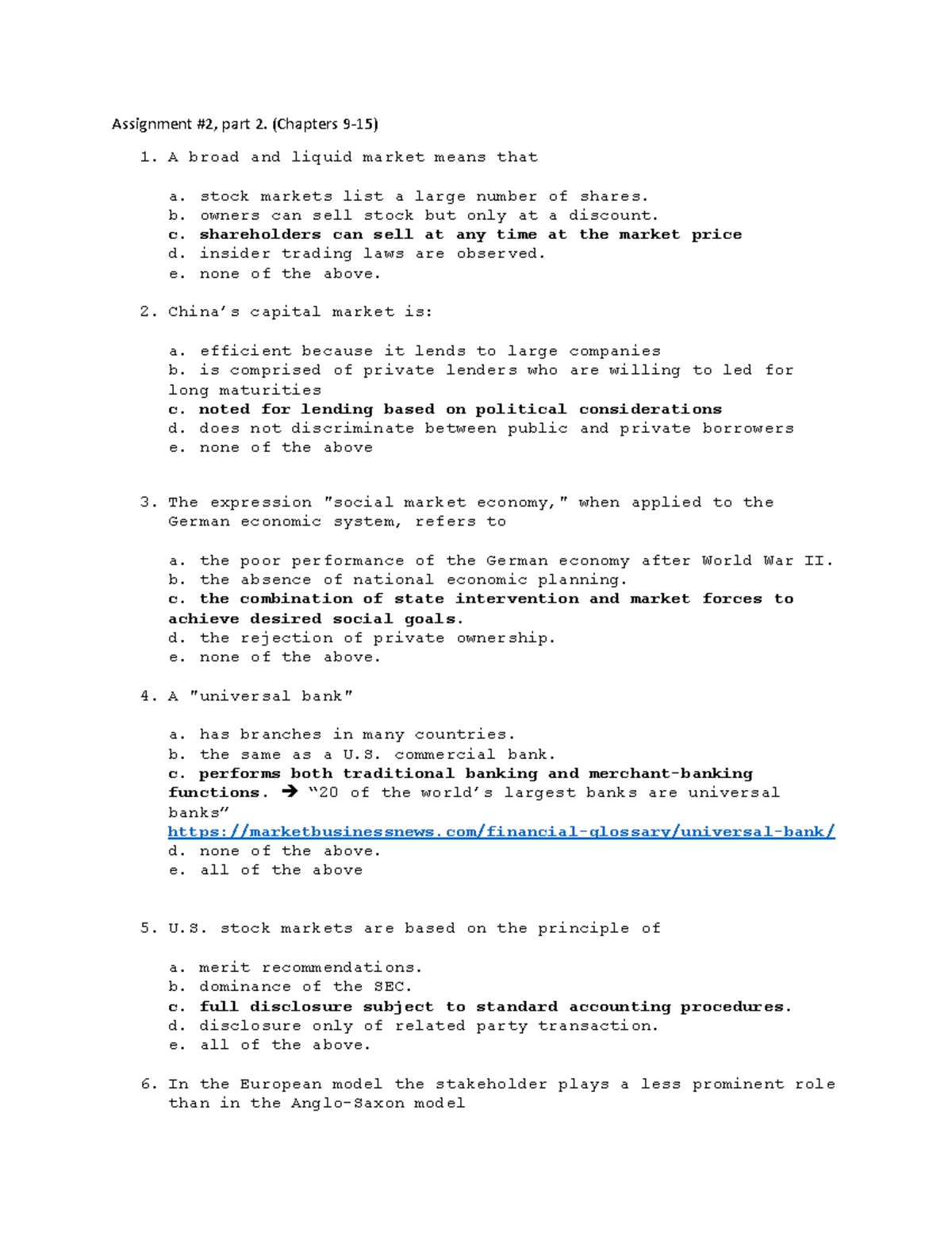 CES Assignment #2, part 2 - Assignment #2, part 2. (Chapters 9-15) A broad and liquid market ...