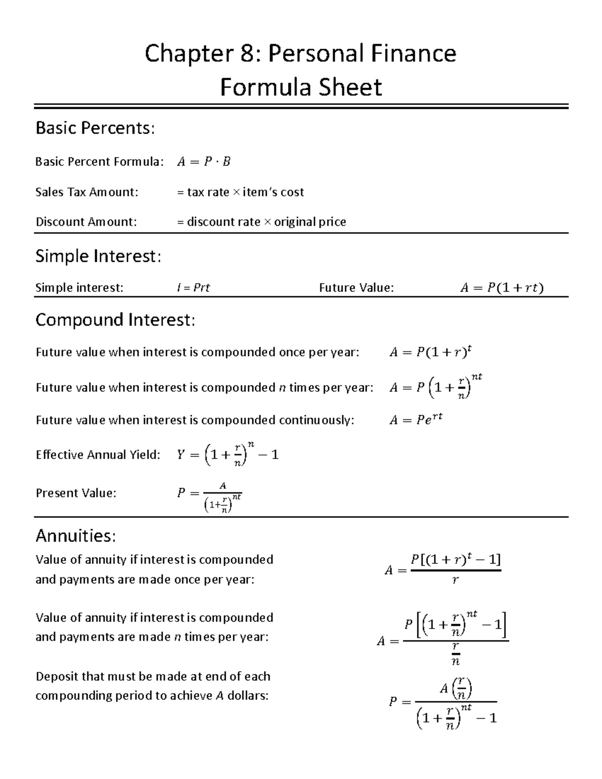 Ch 8 formulas exam - Chapter 8: Personal Finance Formula Sheet Basic ...