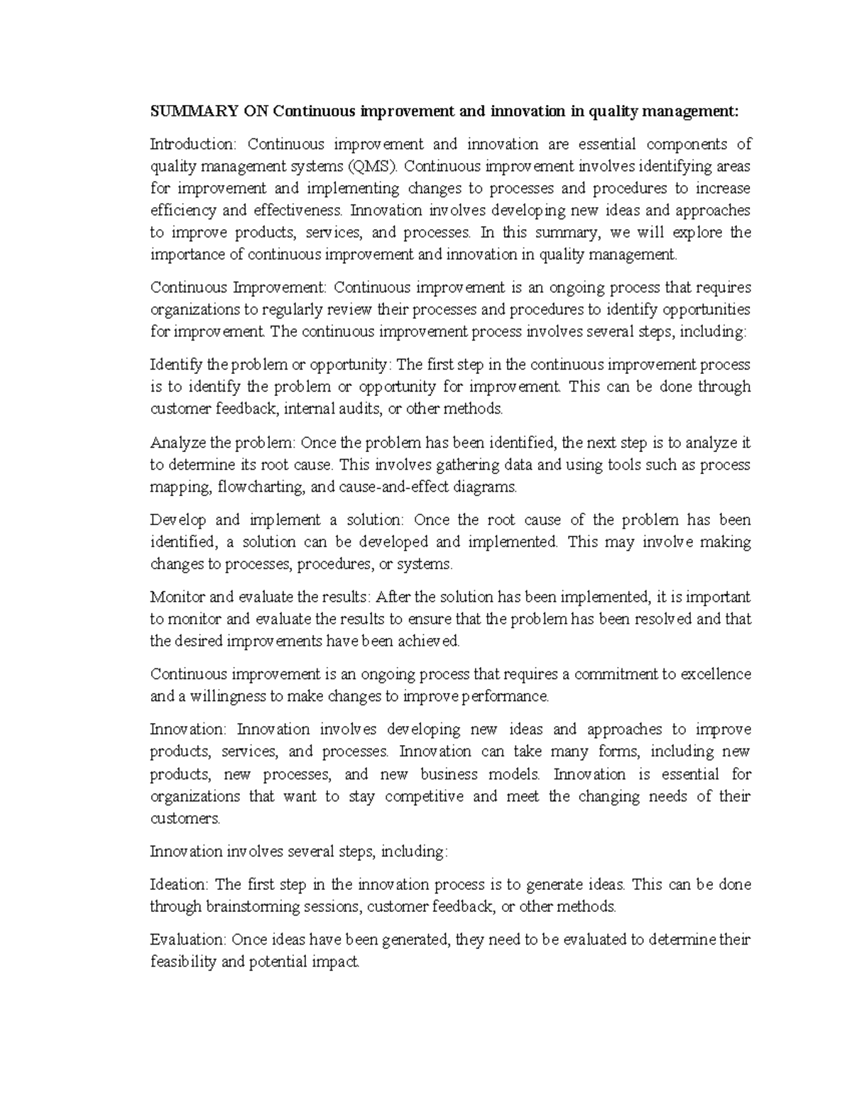Summary on Continuous improvement and innovation in quality management ...
