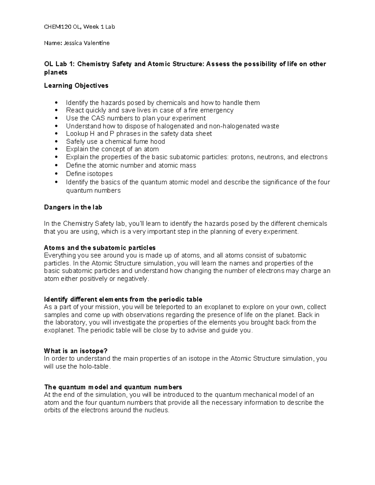 Week 1 lab chemistry - labster week 5 - Name: Jessica Valentine OL Lab ...