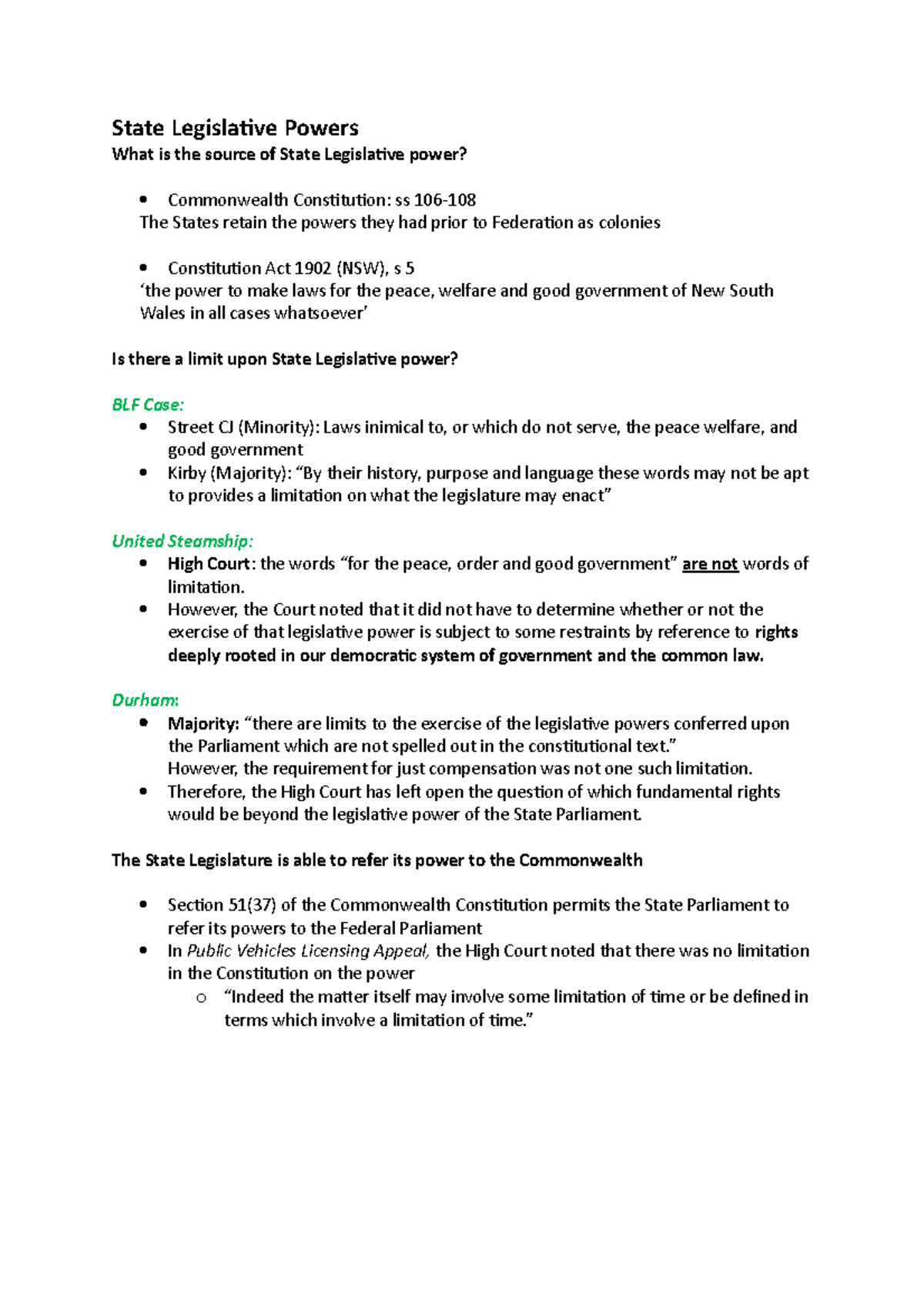 Constitutional Law Notes - State Legislative Powers What is the source ...
